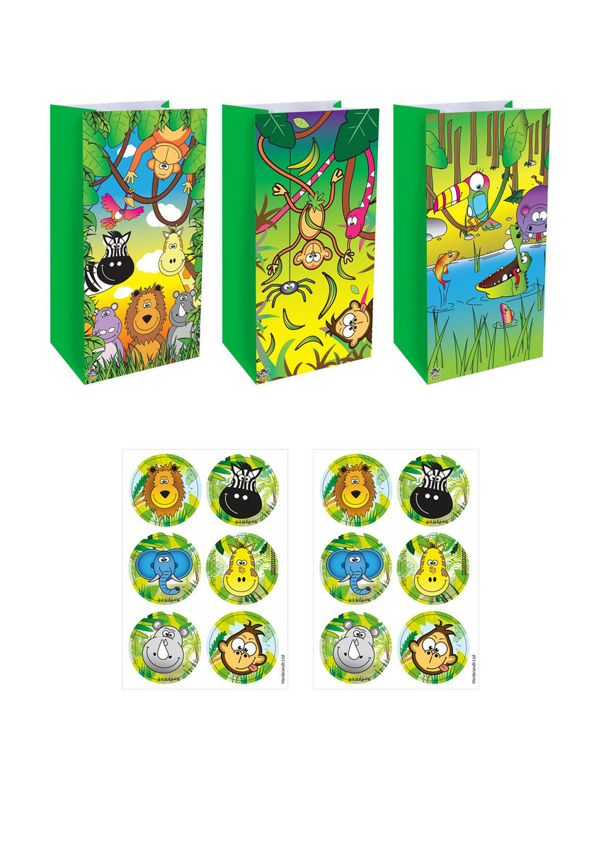 Jungle Animal Paper Party Bags with Stickers (3 Assorted Designs) Pack ...