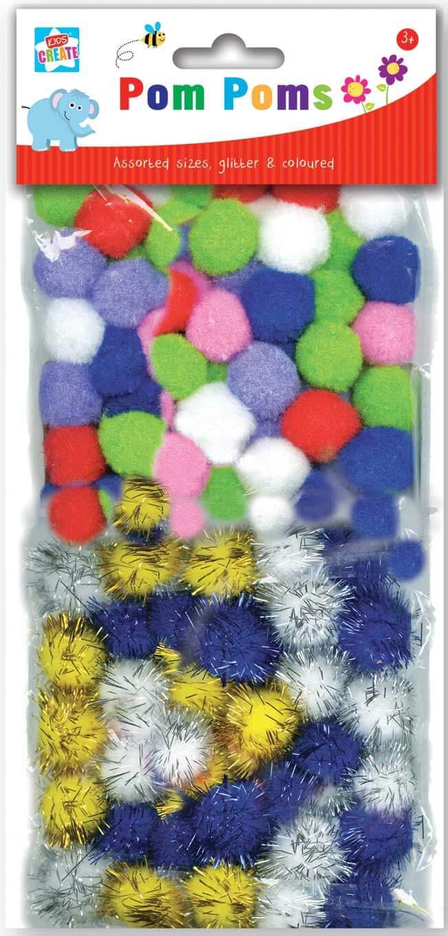 Children's Pack of 60 Pom Poms in Assorted Sizes, Colours, & Designs ...